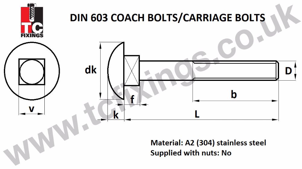 M6 X 30mm A2 Stainless Steel Coach Bolt DIN 603 Carriage Bolt 